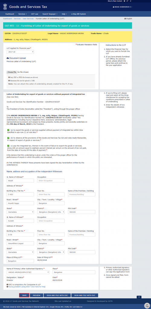 How to file Letter of Undertaking- LUT (FORM GST RFD-11)