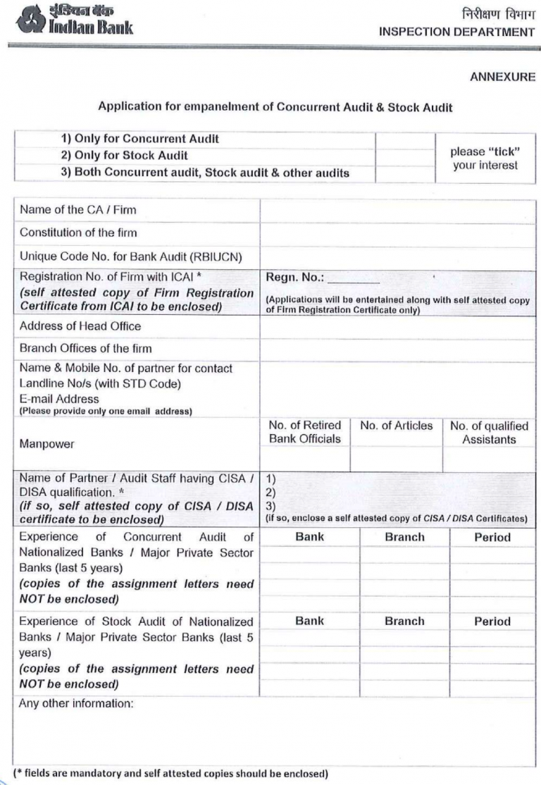 Empanelment with Indian Bank for Concurrent & Stock Audit