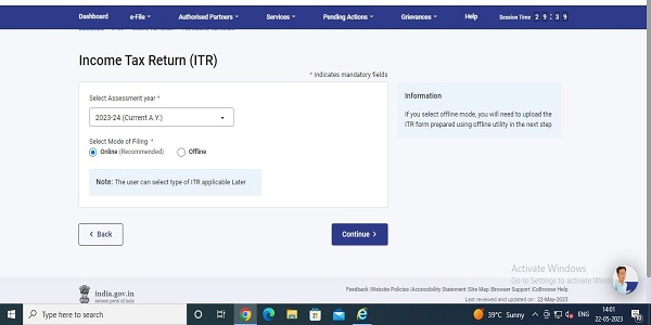 ITR filing is started for A.Y. 2023-24 in online mode