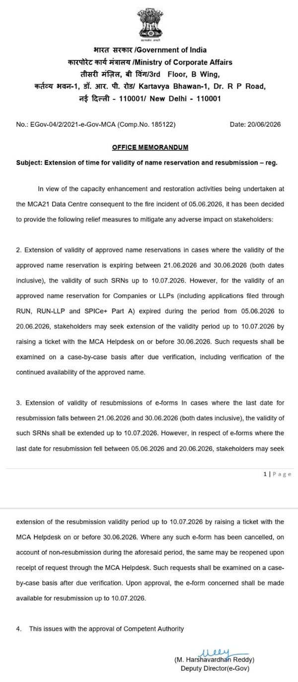 MCA Extends time period for validity of name reservation and resubmission